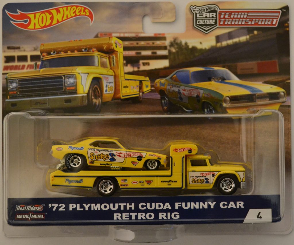’72 Plymouth Cuda Funny Car & Retro Rig Yellow #4 Hot Wheels HW Car ...